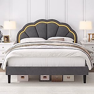 HIFIT Queen Upholstered Smart LED Bed Frame with Adjustable Elegant Flowers Headboard, Platform Bed Frame Queen Size with Wooden Slats Support, No Box Spring Needed, Easy Assembly, Grey