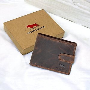 MORUCHA Wallets Men Anti-Theft RFID Blocking Bifold Leather Wallet Genuine Distressed Hunter Leather Passcase Wallet Money Cards Coin Organiser Purse Gift For Men M80 Dark Brown
