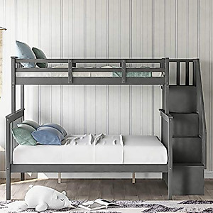 TARTOP Stairway Twin Over Full Bunk Bed with Storage Staircase and Full-Length Guardrails, Solid Wood Bunkbeds BedFrame for Kids Teens Adults Bedroom,Gray