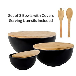 Salad Bowl Set with Lids, Bamboo Fiber Serving Bowls with Cutting Board Lids - Bowls for Kitchen - Preparing & Serving Fruits, Veggies, Chips, Dips & More, Mixing Bowl Set with Serving Utensils
