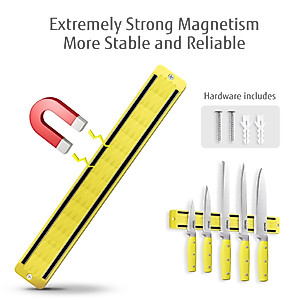 hecef Kitchen Knife Set with Magnetic Strip, 6 pcs Professional Knives Set for Kitchen, 13-inch Magnetic Strip Stainless Steel Sharp Chef Knife Set with Yellow Handle for Cutting Meat & Vegetable