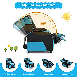 Costzon Kids Recliner, Gaming Recliner Chair w/Footrest, Headrest & Lumbar Support, Ergonomic Leather Lounge Chair for Living & Gaming Room, Adjustable Racing Style Sofa for Children Boys Girls, Blue