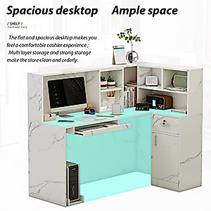 AGOTENI Reception Desk Reception Stations with Open Shelf & Drawers, L Shape Reception Table Wooden Computer Desk for Office Reception Room, Marble White