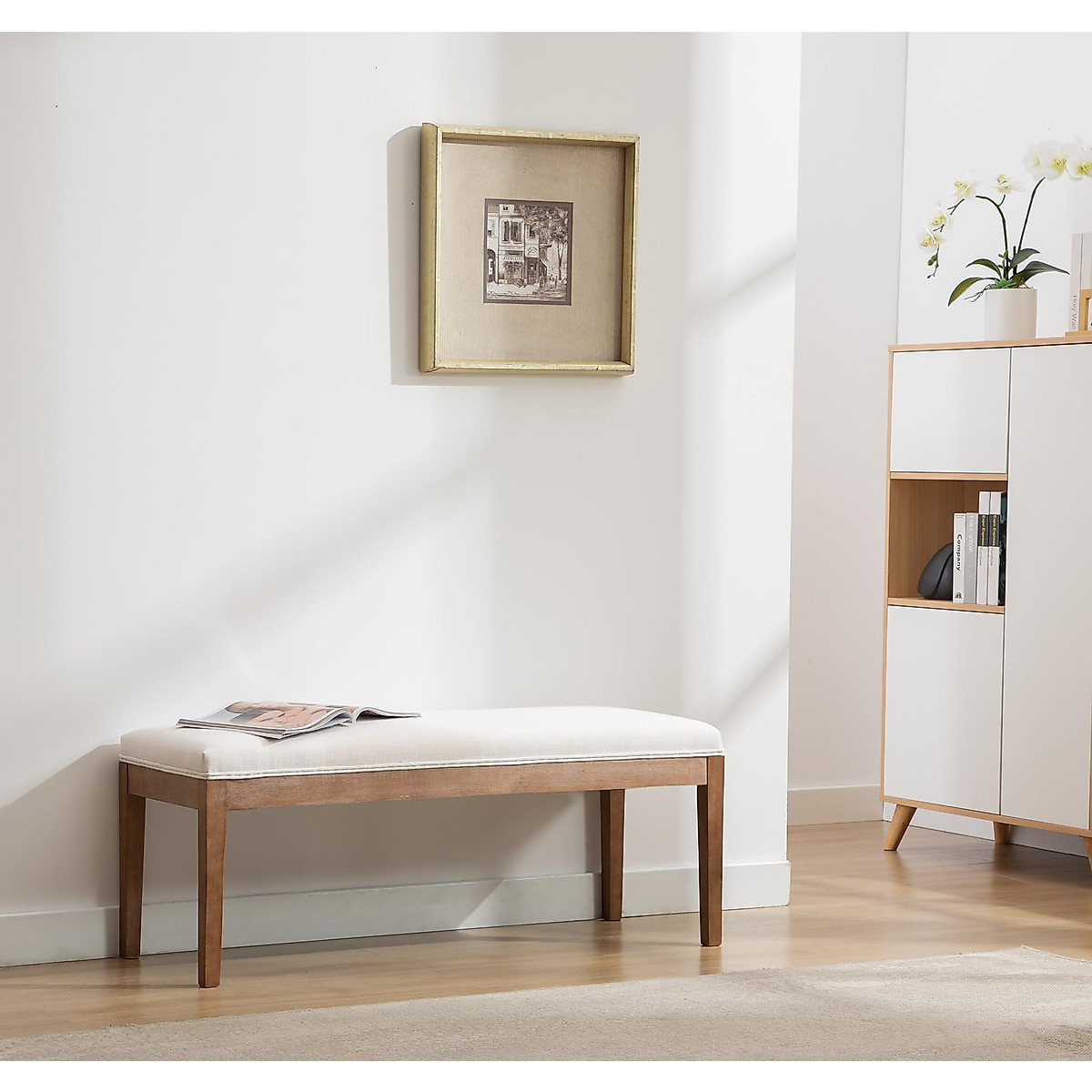 DM Furniture Linen Dining Bench Upholstered Entryway Bench Farmhouse Shoe Bench Seat Ottoman for Hallway Living Room Bedroom End of Bed Dining Room Kitchen, 45.5" Long, Beige