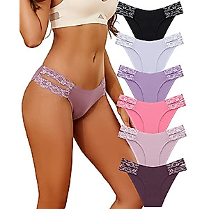FINETOO Seamless Underwear for Women Cheeky Bikini Panties High Cut V-waist Lace Underwear Women Cute Bikinis 6 Pack