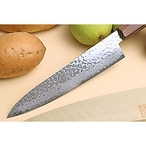 Yoshihiro VG-10 46 Layers Hammered Damascus Gyuto Japanese Chefs Knife (Octagonal Shitan Rosewood Handle) (7" (180mm))