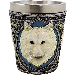 Ebros Pack Of 2 Full Moon Mythical Animal Spirit Gray And White Alpha Wolf Themed 2-Ounce Shot Glass Resin Housing With Stainless Steel Liners Wolves or Timberwolves Themed Souvenirs Favors