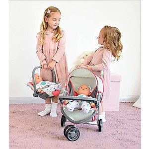 KOOKAMUNGA Baby Doll Stroller Travel System - Retractable Canopy, Feeding Tray, Soft Handle & Swivel Wheels - Pink Gray