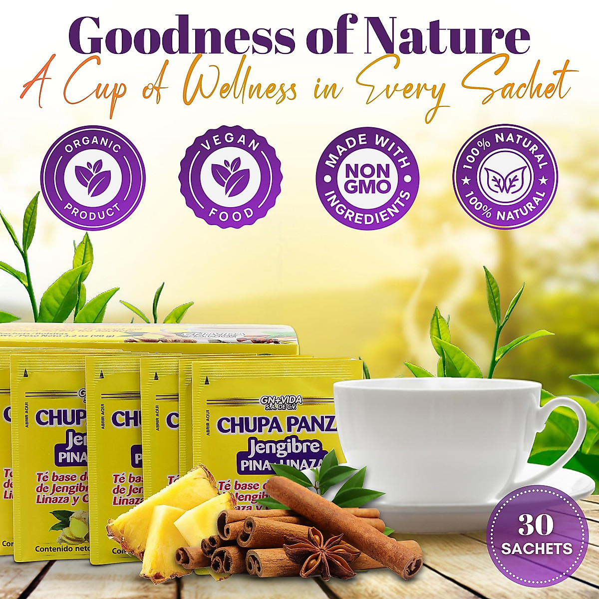 Tea CHUPA Panza, Tea Based ONGINGER Root, PINNEAPPLE, Flaxseed & Cinnamon (30 Tea Bags/0.10 oz Each) - SET OF 2