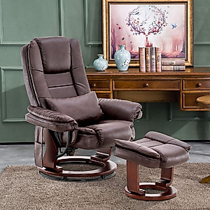 MCombo Recliner with Ottoman Chair Accent Recliner Chair with Vibration Massage, Removable Lumbar Pillow, 360 Degree Swivel Wood Base, Faux Leather 9096 (Dark Brown)