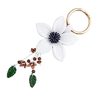 Giftale Genuine White Leather Flower Tassel Keychain Car Keyring Fob Boho Accessorie for Women