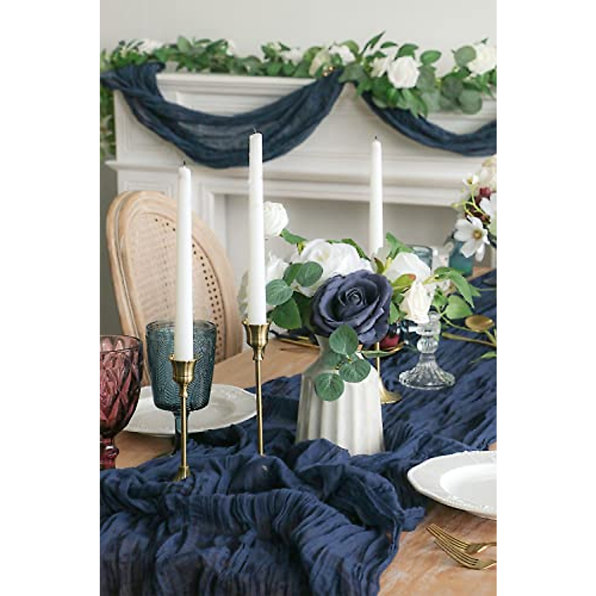 Uwilowe 5 PCS 13Ft Navy Blue Table Runner, Boho Gauze Cheese Cloth Table Runner Rustic Sheer Runner 160inch Long for Wedding Bridal Baby Shower Birthday Party Cake Table Decorations