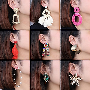 Sanfenly Drop Dangle Earrings for Women Statement Earrings, Bohemian Rattan Tassel Large Hoop Pearls Rhinestone Crystal Gold Geometric Dangling Earring Set