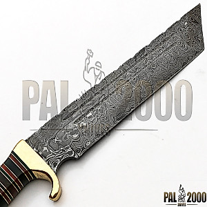 HTK-9228 Custom Handmade Damascus Steel Hunting Tanto Knife 15 Inches Buffalo Horn Handle Ladder pattern Blade with sheath