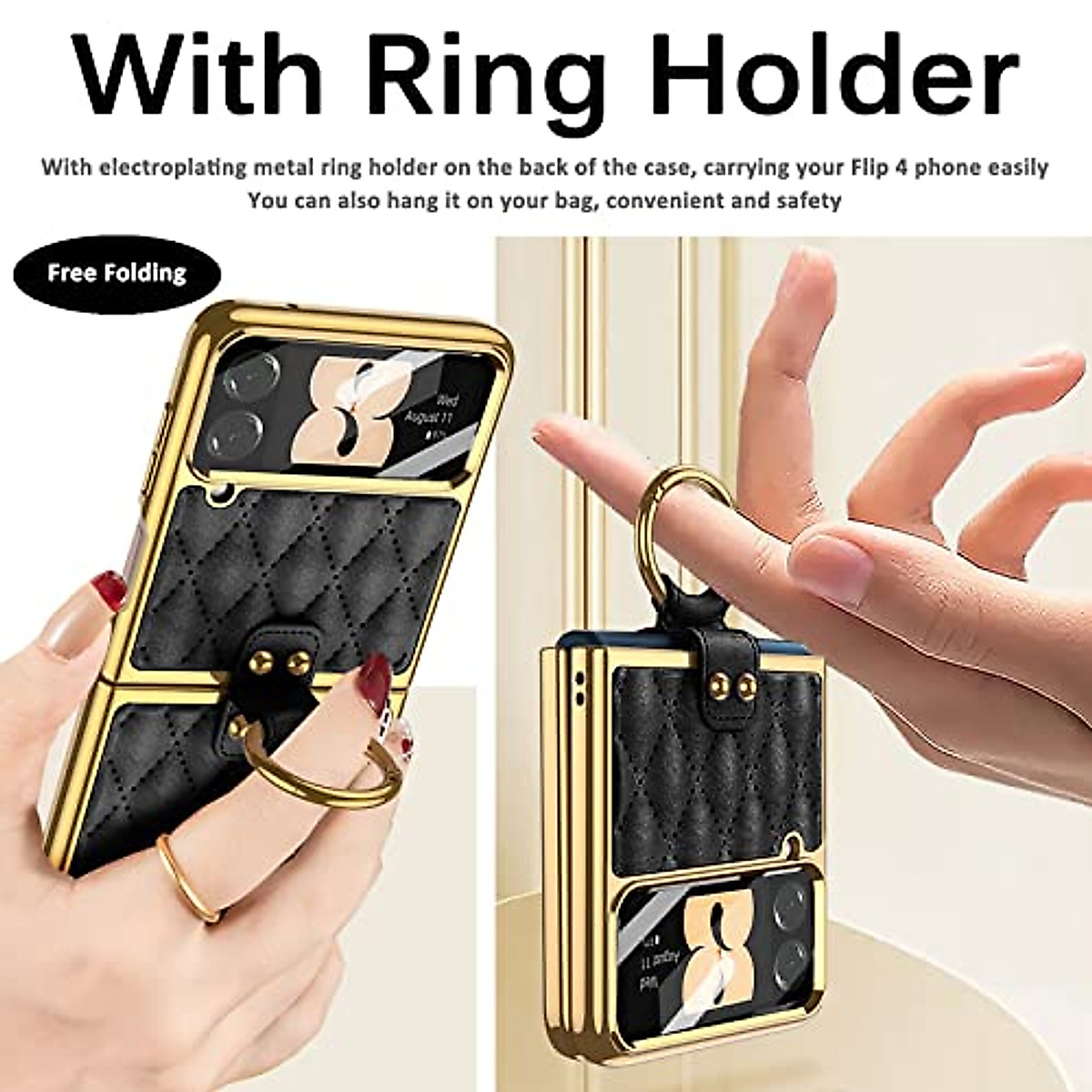 Miimall for Samsung Galaxy Z Flip 4 Leather Case with Ring Holder Stand, Luxury Rhomboid Leather Back Cover Electroplating Frame with Camera Lens Protector Case for Galaxy Z Flip 4 2022(Black)