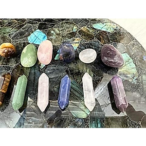 CrystalsAhoy 3" Selenite Charging Plate with TWO Chakra Sets included, polished round and double pointed chakra crystals