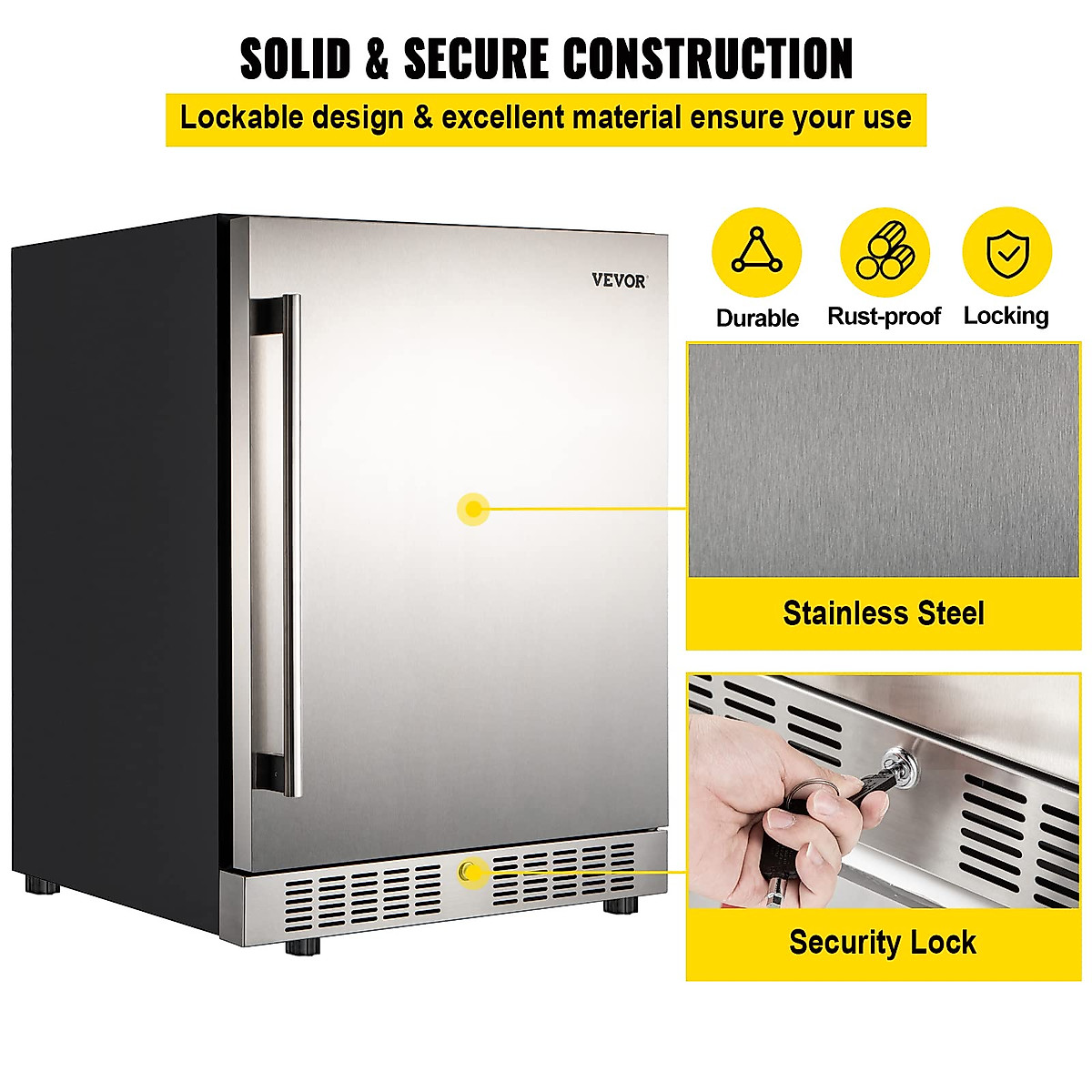 VEVOR 24'' Built-in Beverage Cooler, 5.3 cu.ft. Stainless Steel Beverage Refrigerator w/Embraco Compressor, 142 Can Beer Fridge for Home Bar Office Outdoor Indoor Use, 150L, Black & Silver