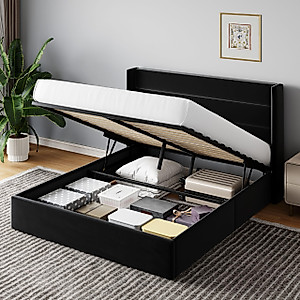 HOOMIC Queen Size Lift Up Storage Bed with Wingback Headboard/Velvet Upholstered Platform Bed Frame/Heavy-Duty Hydraulic Bed/Large Underneath Storage/Strong Wooden Slats Support/Noise-Free/Black