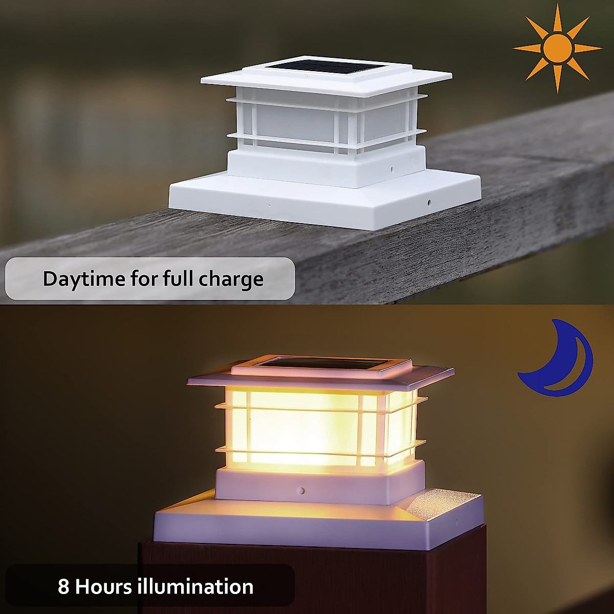 Dynaming 6 Pack Solar Post Lights Outdoor, Solar Powered White Shell Fence Post Cap Lights, High Brightness Warm White LED Lighting for Garden Deck Patio, Fit 4x4, 5x5 or 6x6 Vinyl/Wooden Posts