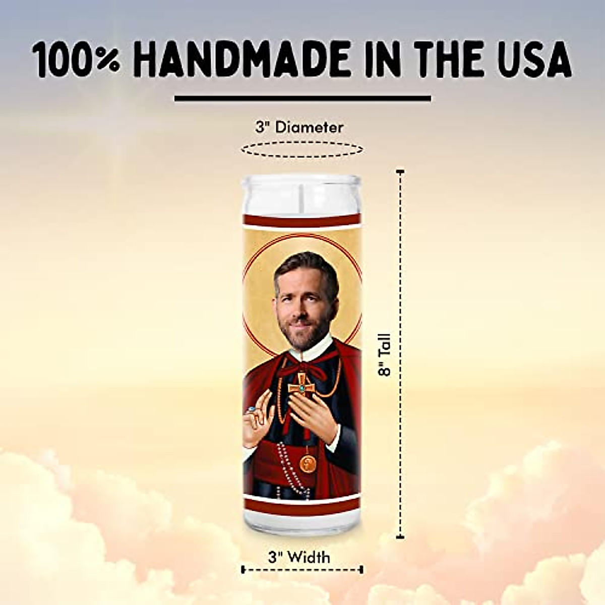 Ryan Reynolds Celebrity Prayer Candle - Funny Saint Candle - 8 inch Glass Prayer Votive - 100% Handmade in USA - Novelty Celebrity Gift