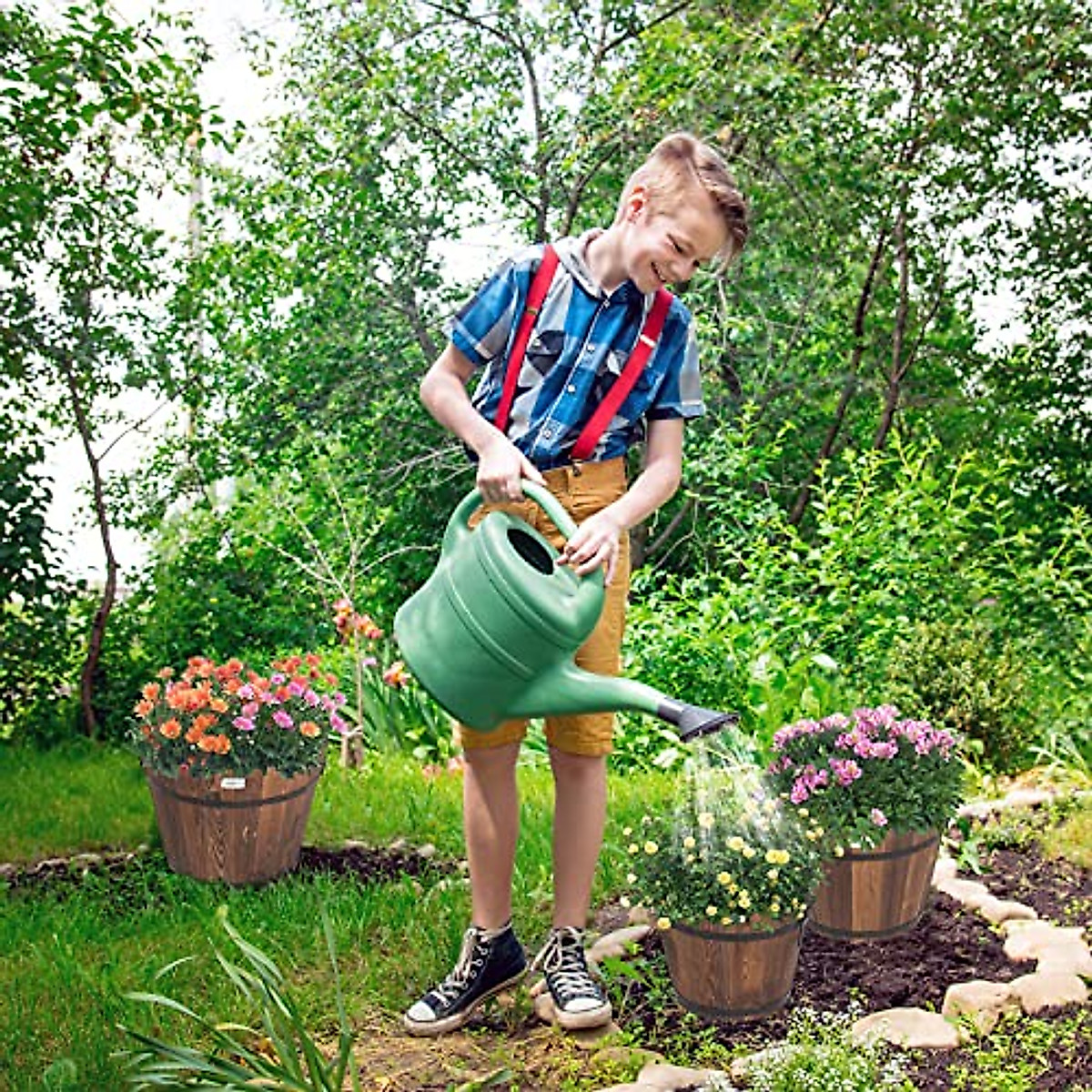 VINGLI 3 pcs Wooden Planter Barrel Set, Real Wood Indoor/Outdoor Flower Pot w/Drainage Holes, Different Sizes, Large Garden Container Box