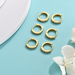 Gold Hoop Earrings for Women, 3 Pairs 8mm Small Sterling Silver Huggie Earrings | Tiny Cubic Zirconia Cartilage Cuff Earrings Hoop Piercing Jewellery for Men Teens