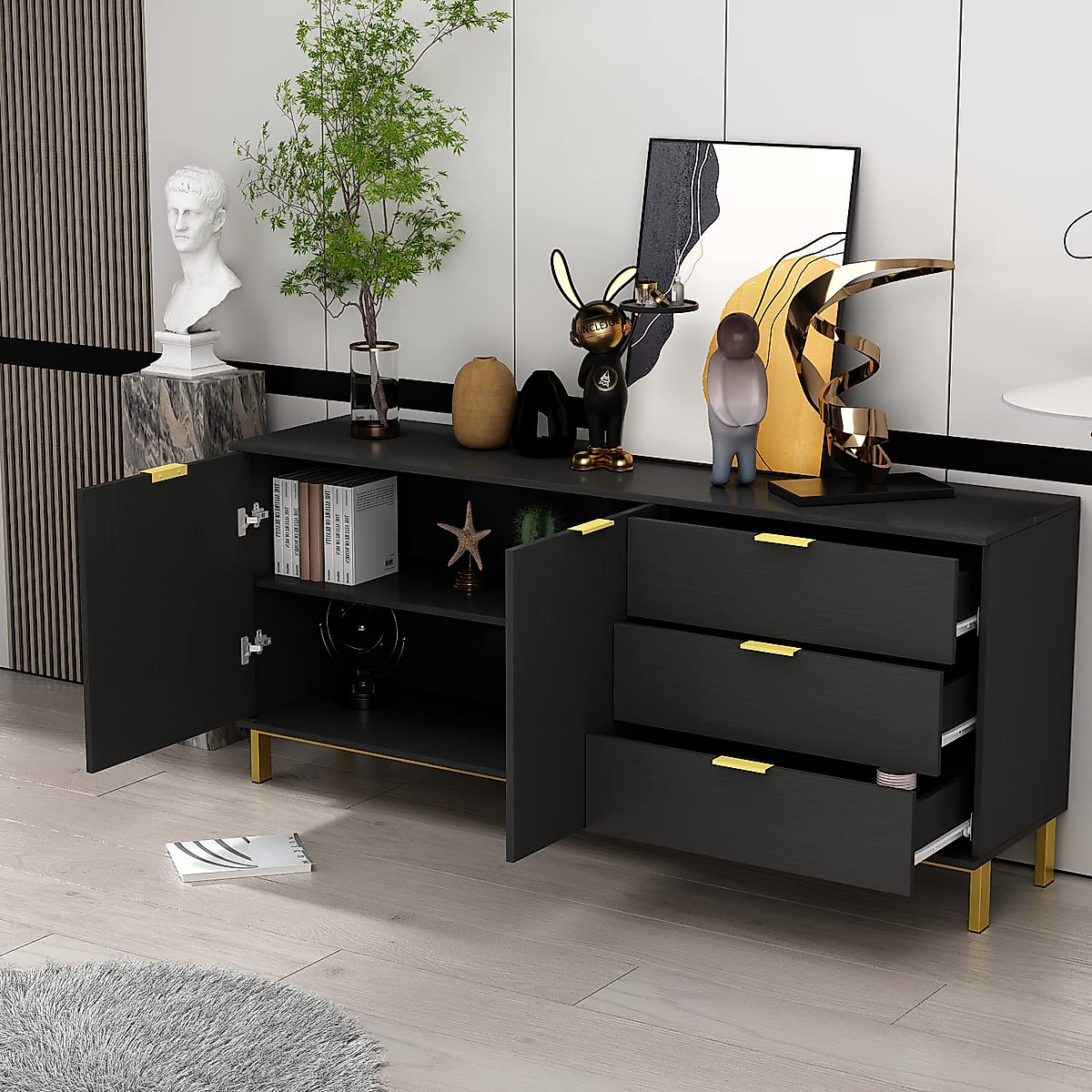 AIEGLE Sideboard Buffet Cabinet with 3 Drawers & 2 Doors for Kitchen, Entryway Cupboard with Gold Metal Legs, Black (62.9" L x 15.7" W x 27.5" H)