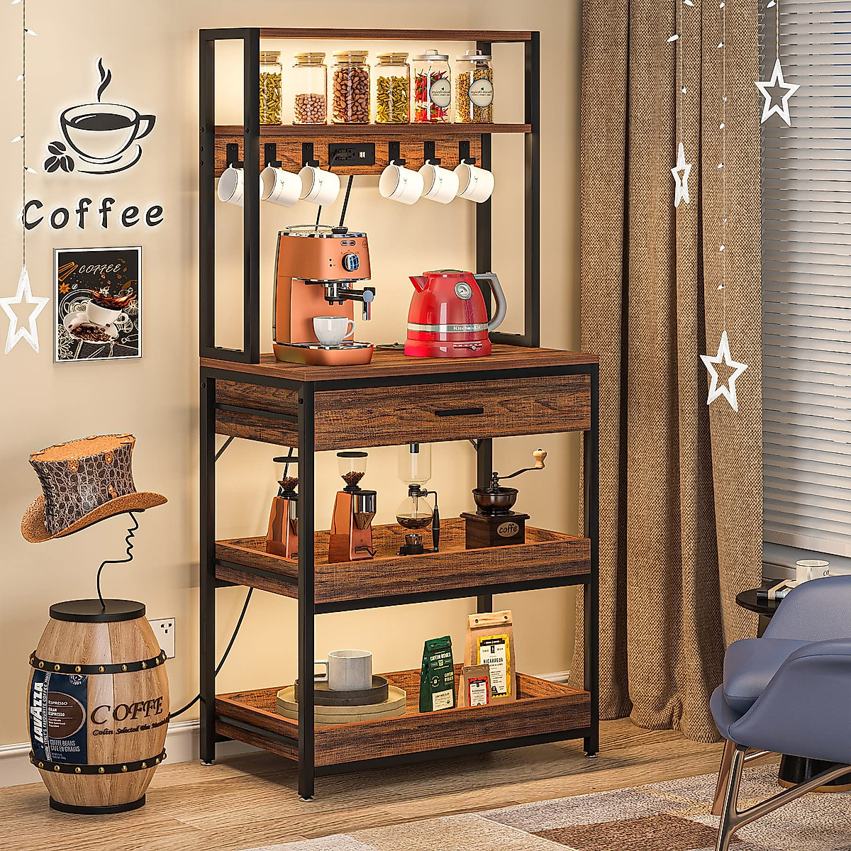 Tribesigns Kitchen Bakers Rack with Power Outlets, 5-Tier Microwave Oven Stand with Drawer and Sliding Shelves, Freestanding Coffee Bar, Kitchen Storage Shelf with 6 Hooks, Rustic Brown