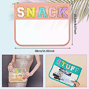 3 Pcs Chenille Letter Clear Zipper Pouch for Travel Waterproof Cosmetic Pouch Clear Snack Bags Nylon Travel Gym Beach Bag Multipurpose Makeup Bag for Women Girl (Soft Color, Travel, Stuff, Snack)