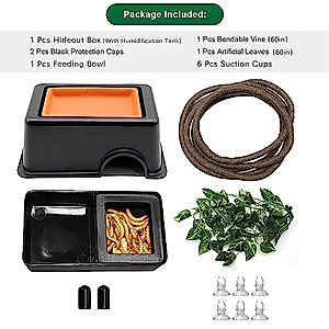 Woyrise Reptile Hide Box with Sink Humidifier Gecko Hideout Cave Lizards Hideaway with Flexible Vine Decor and Bowl for Bearded Dragons Lizards Spiders Snakes