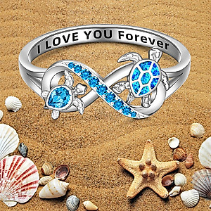 Sea Turtle Ring Blue Opal 925 Turtle Rings for Women Sterling Silver Infinity Cute Ocean Tortoise Jewelry I Love You Forever BFF Mother Day Christmas Gifts Size 6
