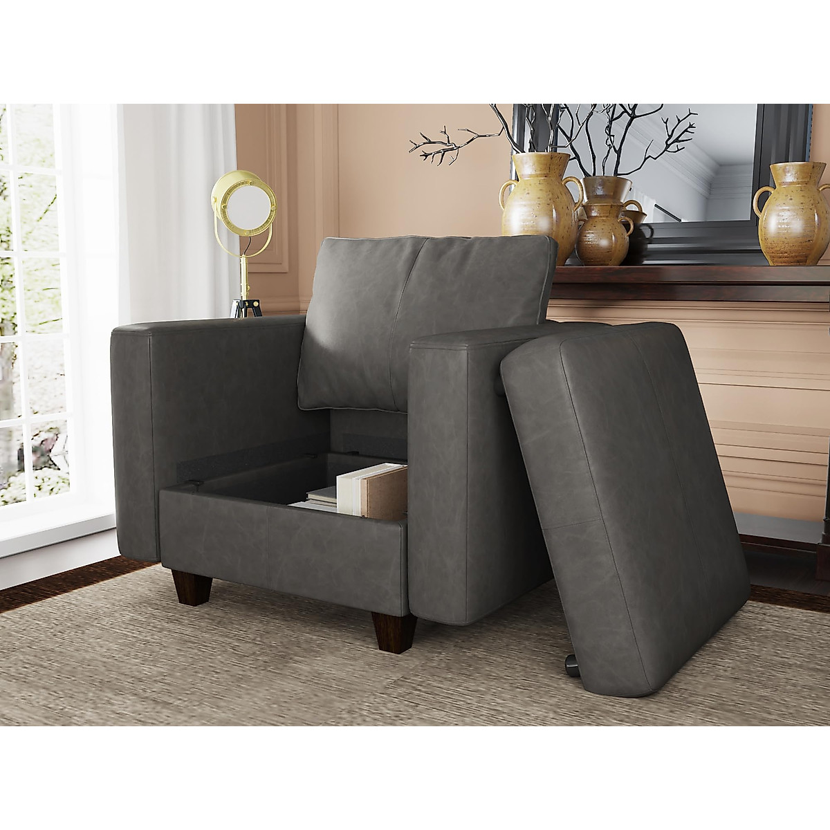 EASE MOOSE Modular Sectional Accent Chair with Storage Seat, Faux Leather Armchair Modern Single Sofa Club Chair for Living Room
