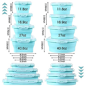 Karenhi 8 Pack Collapsible Silicone Food Storage Containers with Airtight Lids Stackable Collapsible Bowls with Lids Microwave and Dishwasher Safe(Blue)