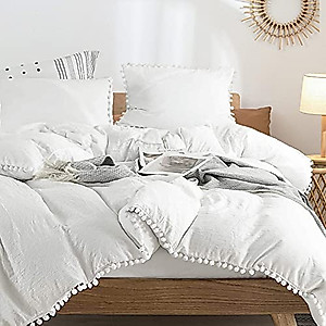 ETDIFFE White Duvet Cover King Size, 3 Piece Cute Boho Farmhouse Microfiber Bedding Comforter Cover Set with Pom Fringes, Soft and Lightweight