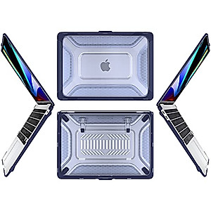 Batianda Protective Case for MacBook Air 13 inch 2021 2020 Release A2337 M1 A2179 A1932 with Touch ID,Heavy Duty Honeycomb Hard Shell with Slim TPU Bumper and Fold Kickstand & Keyboard Cover,Navy Blue