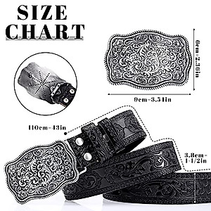 Xuniea Mens Cowboy Western Leather Buckle Belt Engraved Floral Buckle Belt Vintage Embossed Belt, 1-1/2 Inch Wide (Black,45 Inch)