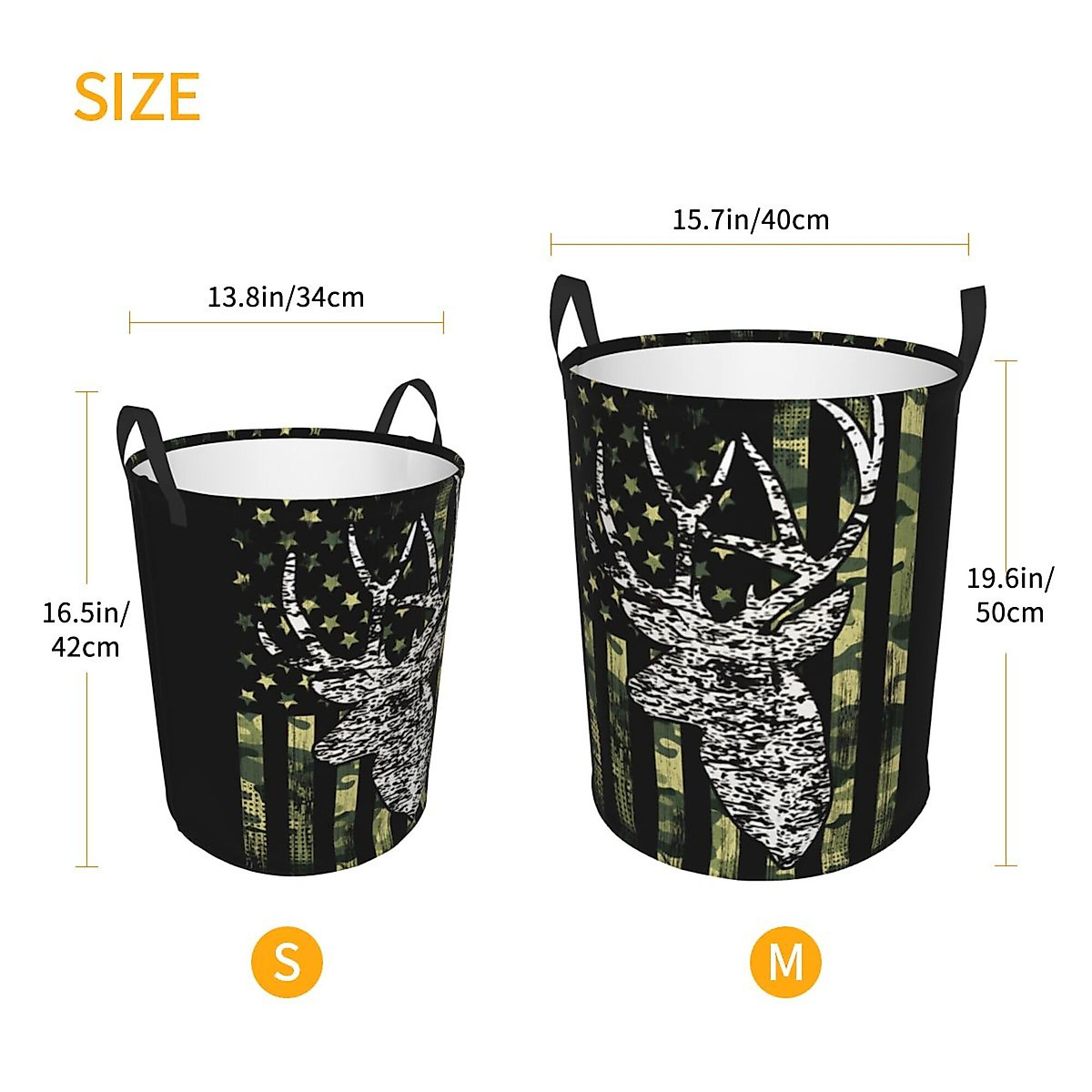 Lightweight Laundry Hamper Compatible With Deer Camo Camouflage American Flag Hunting Black Laundry Basket, Large Fabric Collapsible Clothes Hamper Easy Carrying with Handles for Boys Girls Bedroom