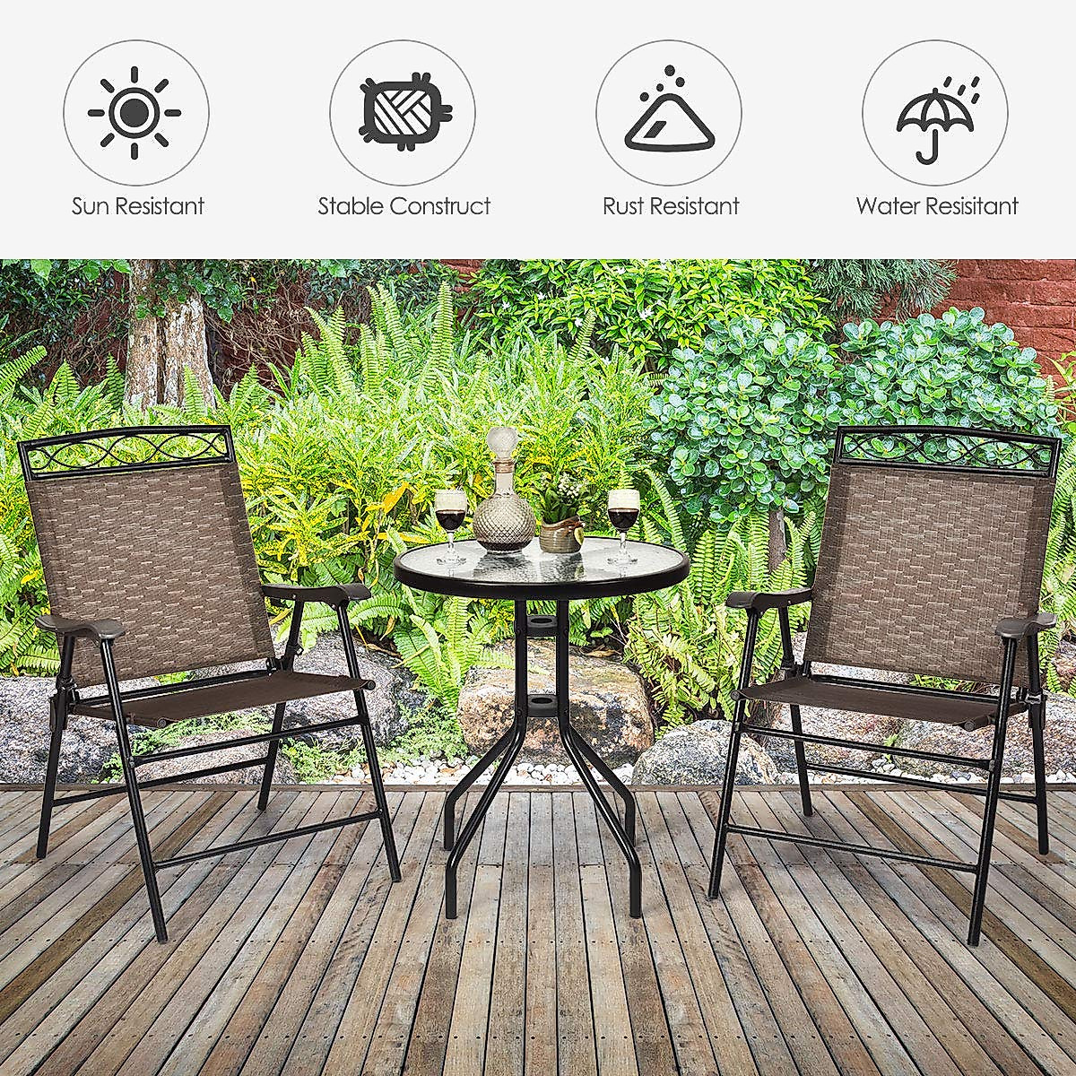 renatone 3 Piece Patio Bistro Set, Outdoor Bistro Dining Furniture Set Table & Folding Chairs for Garden, Pool, Backyard, Tempered Glass Tabletop with Umbrella Hole