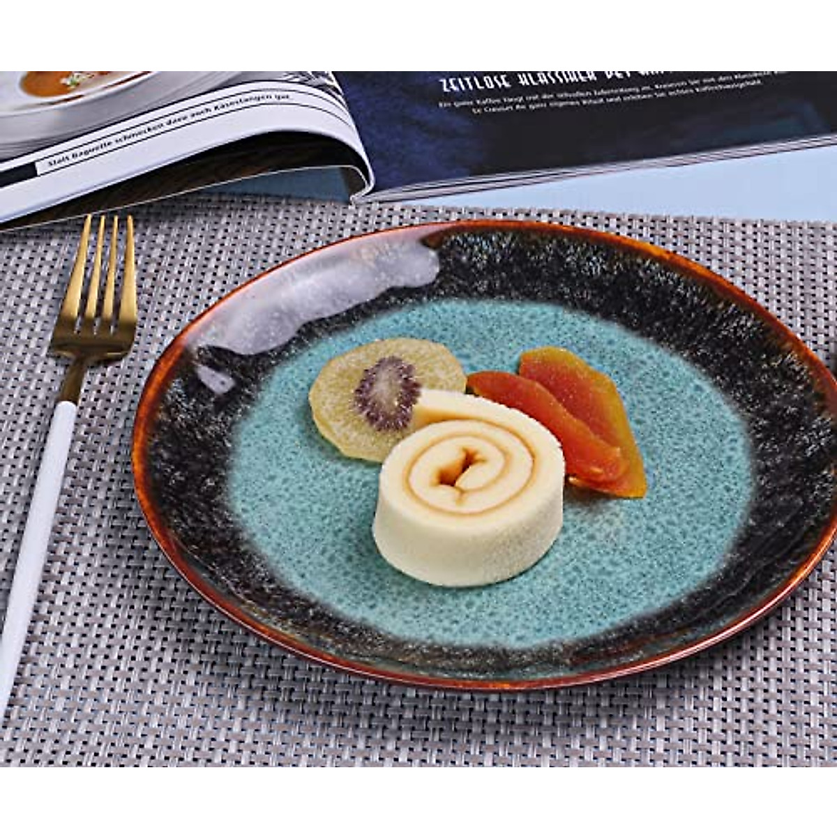 Gufaith Melamine Dinnerware Sets 12 Pcs, Plates and Bowls Sets for 4, Camping Plates, Unbreakable Dinnerware Set, Melamine Plates, Lightweight, BPA free, Dishwasher Safe, Blue with Brown