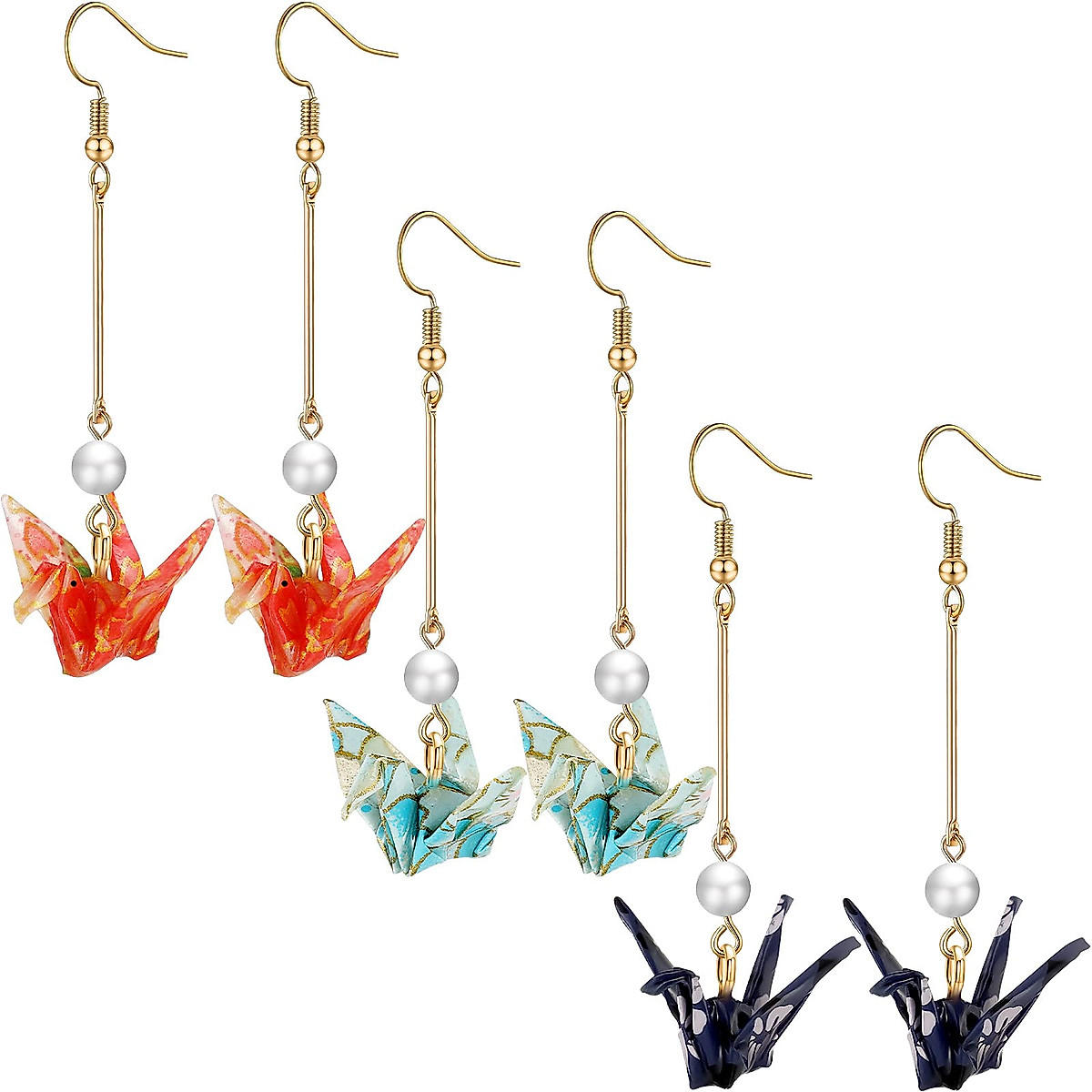 3 Pairs Origami Earrings Good Luck Paper Crane Dangle Earrings Origami Tassel Earrings Cute Bird Handmade Drop Earrings for Women Wedding Party Accessories(Classic Style)