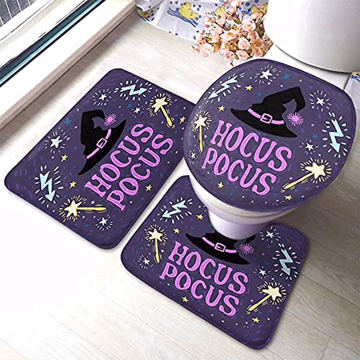 AOYEGO Hocus Pocus Bathroom Rugs Set of 3 Wizard Hat and Magic Sticks Non Slip 31.5X19.7 Inch Soft Absorbent Polyester for Tub Shower Toilet