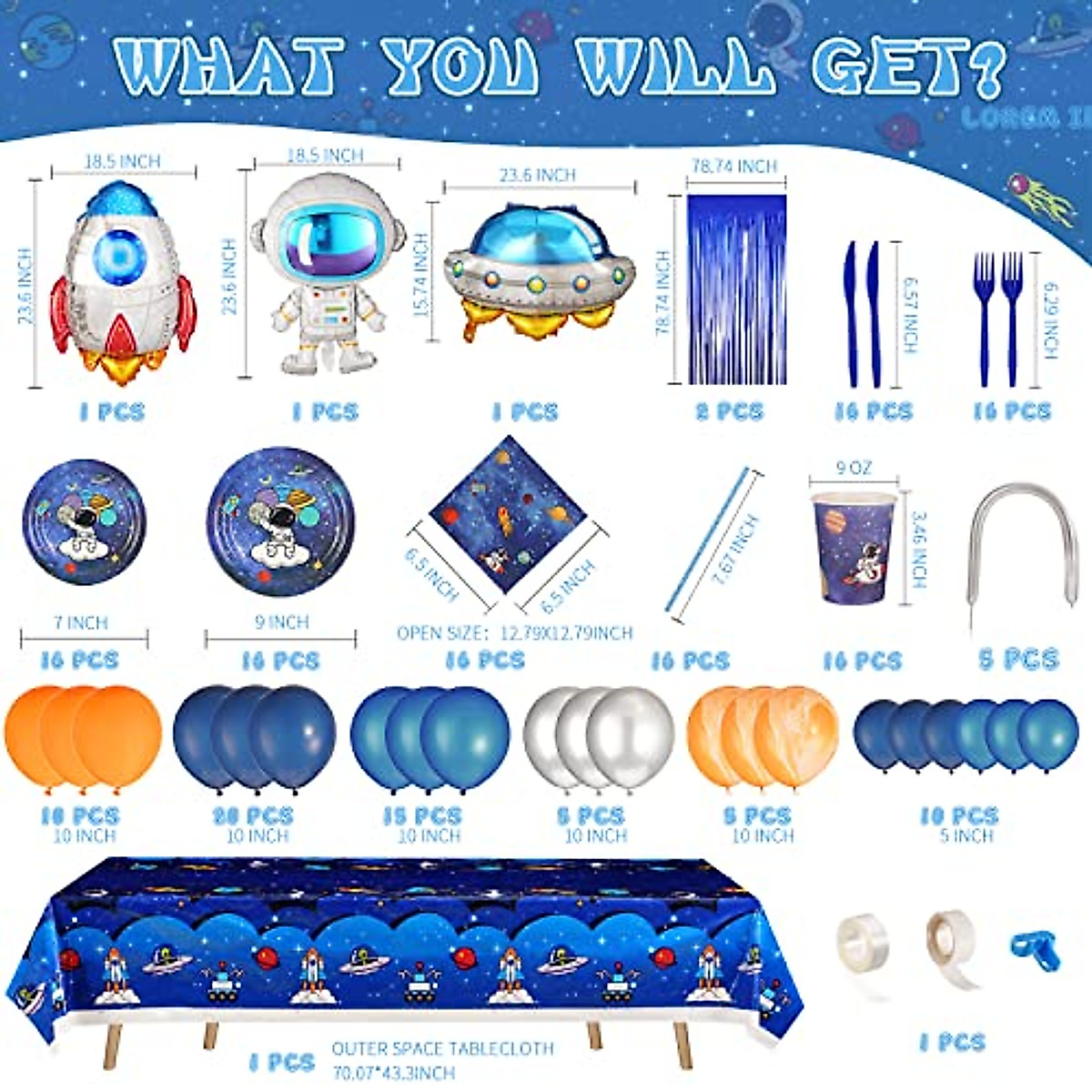 SCIONE Space Party Decorations,199Pcs Outer Space Themed Galaxy Birthday Party Supplies,Plates,Napkins,Cups,Tablecloth,UFO Rocket Balloons for 16 Guests Boys Girls Astronaut Birthday Party Favors