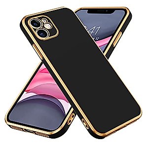 BENTOBEN Compatible with iPhone 11 Case, Slim Luxury Electroplated Bumper Women Men Girl Protective Soft Case Cover with Strap for iPhone 11 6.1 inch,Black/Gold