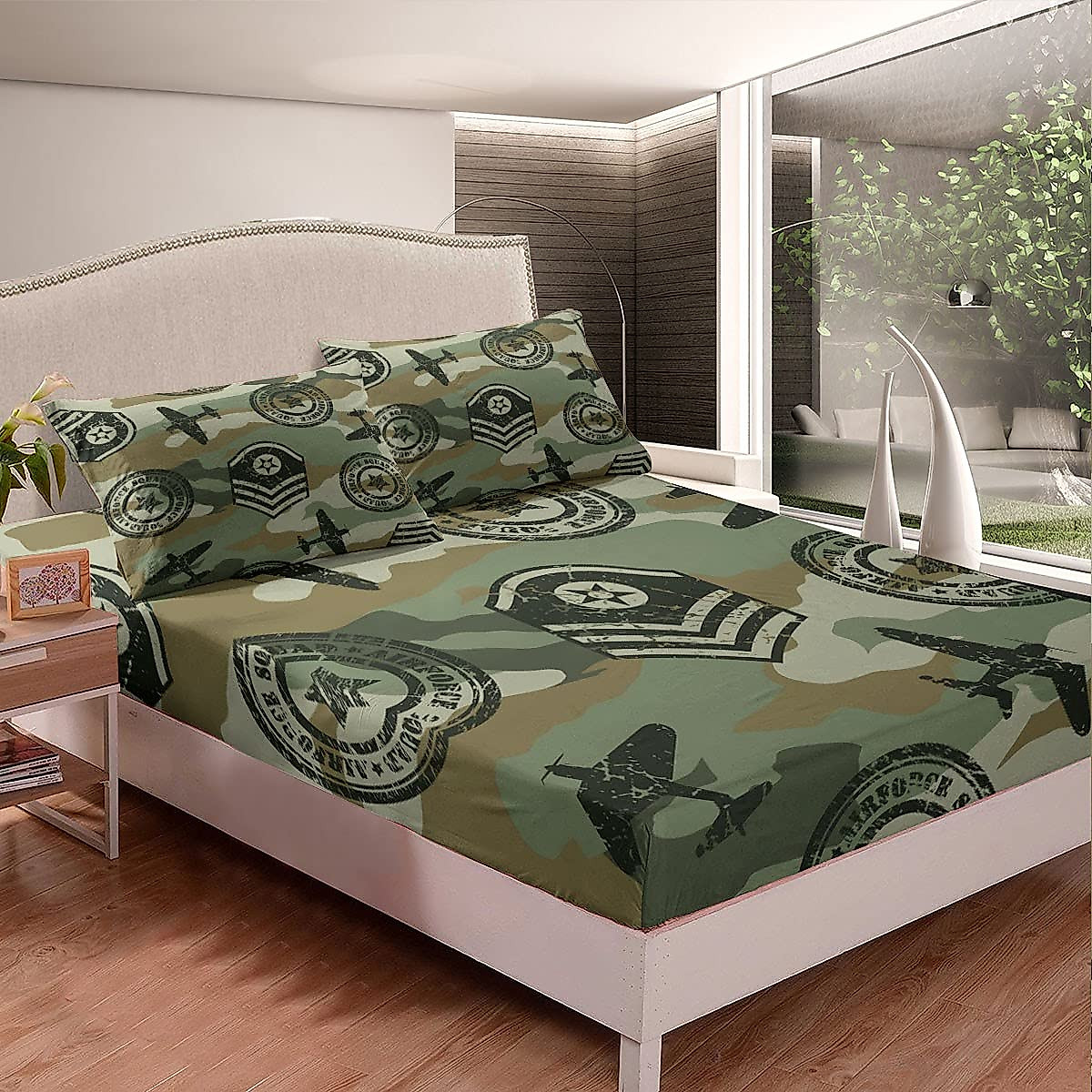 Kids Camo Airplane Bed Sheet Set Camouflage Airplane Decor Bedding Sheets for Teens Boys Military Aircraft Bedding Fitted Sheet Novelty Modern Army Green Bed Cover Bedroom Collection 2Pcs Twin Size