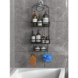 Elbourn Shower Caddy Over Shower Head, Bathroom Hanging Shower Organizer with Hooks, SUS201 Stainless Steel Shower Storage Rack 3 Shelves for Shampoo, Soap and Razor - Black