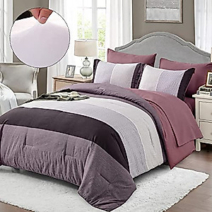 7 Pieces Purple Bed in a Bag Queen Comforter Set Striped Comforter with Sheets and Pillows for Queen Bed - Gradient Light Purple Patchwork Stripe Down Alternative Reversible Bedding Set 90"x90"
