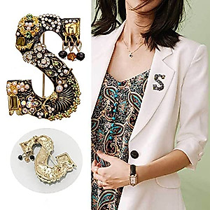 Pearl Initial Letter Brooch Pin, Crystal Rhinestone Gold Plated Alphabet Brooches for Women Girls, Pearl Lapel Pin for Bag Clothes Costume Jewelry - S