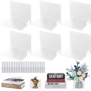 Invisible Floating Bookshelves for Wall, Set of 6 Heavy-Duty Floating Bookshelf Wall Mounted, Large Size Iron Wall Shelves Book Shelf Organizer for Bedroom Living Room Office Wall Decor (White)