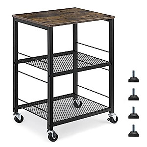 MOOACE Rustic 3 Tier End Table with Wheel,Side Table Nightstand Storage Shelf for Bedroom,Kitchen,Living Room and Office, Stable Metal Frame,Wood Top, Easy Assembly - Brown&Black