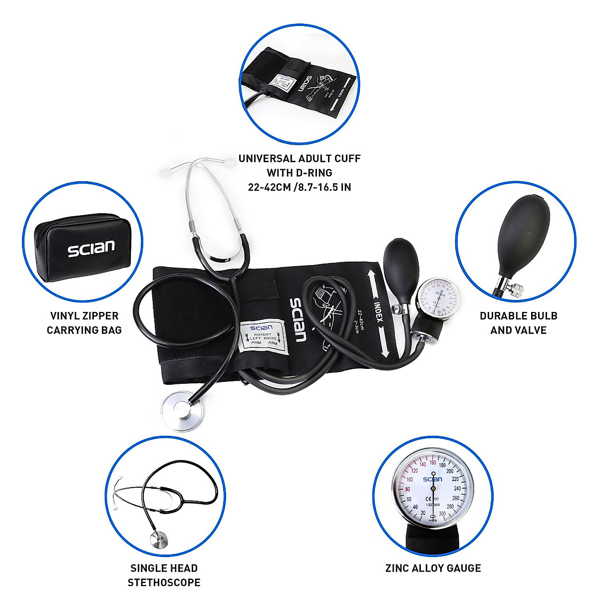 Scian Manual Blood Pressure Cuff with Stethoscope – Professional Aneroid Sphygmomanometer with Adult Cuff 8.7”-16.5”& D-Ring, Classic Bp kit with Carrying Bag (Black)